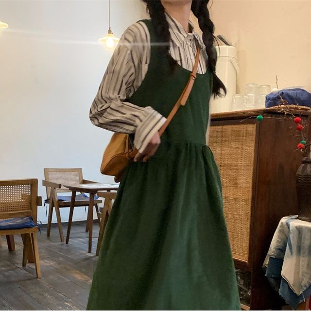 GANGER - Plain Midi A-Line Jumper Dress / Long-Sleeve Striped Shirt ...