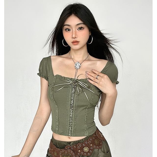 Sosana - Short Sleeve Square-Neck Lace Panel Ruffled-Trim Tie-Front ...