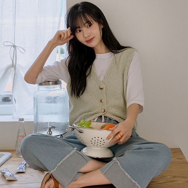 JUSTONE - V-Neck Knit Button Vest | YesStyle