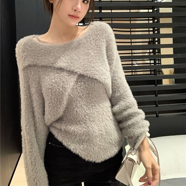 Beem - Set: Boat Neck Plain Fluffy Crop Sweater + Knit Camisole Top ...