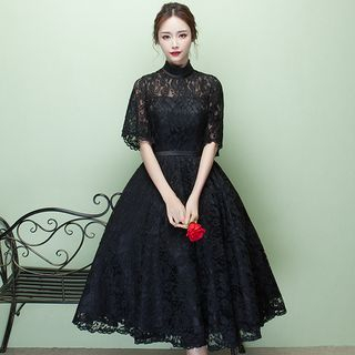 Wonhi - Elbow-Sleeve Lace Midi A-line Party Dress | YesStyle