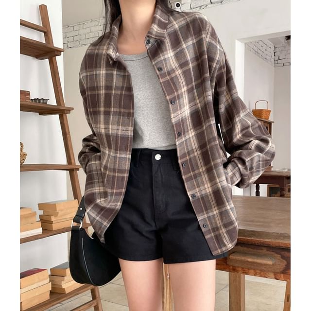 SeoulPop - Long-Sleeve Check Striped Button-Up Loose-Fit Shirt | YesStyle