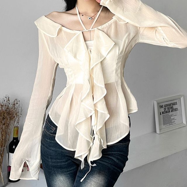 Dictynna Long Sleeve Halter Neck Cold Shoulder Plain Ruffle Trim Tie