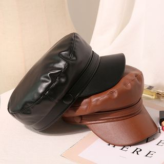 Skycap - Button PU Leather Plain Navy Hat | YesStyle