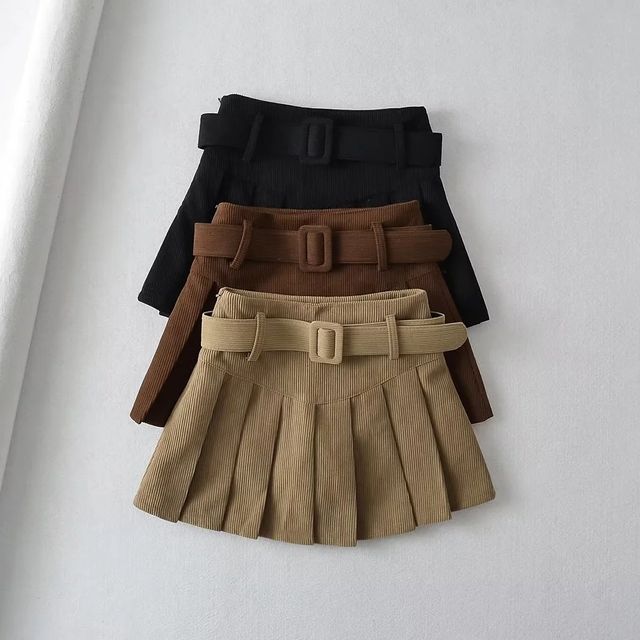 Flotto - High Waist Plain Belted Pleated Corduroy Mini A-Line Skort ...