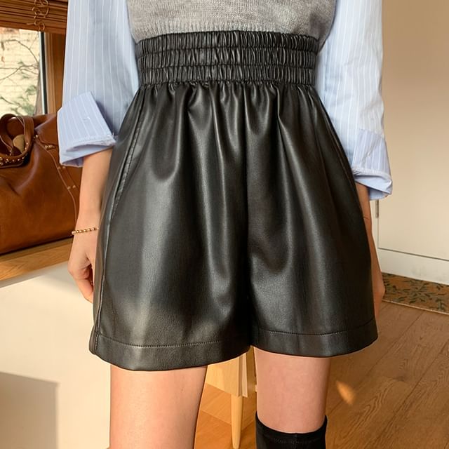 DEEPNY - Band-Waist Wide-Leg Pleather Shorts | YesStyle