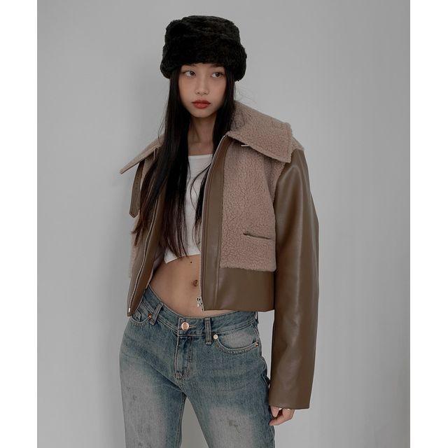 SIMPLY MOOD - Dumble-Panel Pleather Zip Jacket | YesStyle