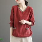 ZIMO - Long-Sleeve V-Neck Two Tone Pocket Detail T-Shirt | YesStyle