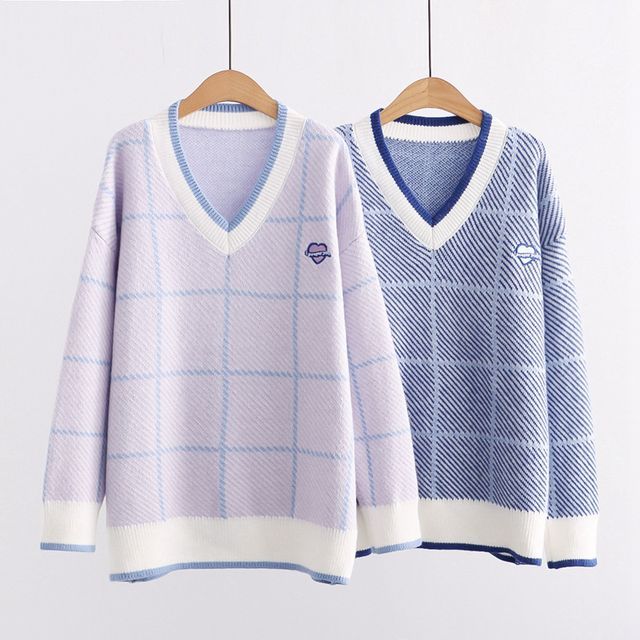 TOJI - V-Neck Plaid Sweater | YesStyle