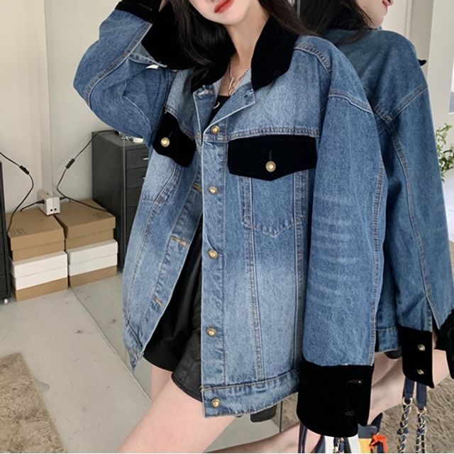 Pickxy - Collared Washed Panel Velvet Faux Pearl Button Denim Jacket ...