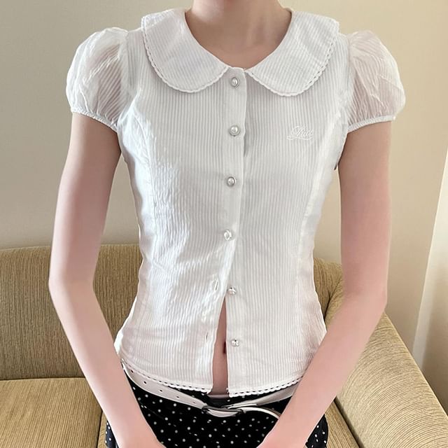 Honet - Puff Sleeve Doll Collar Lettering Print Slim-Fit Crop Shirt ...