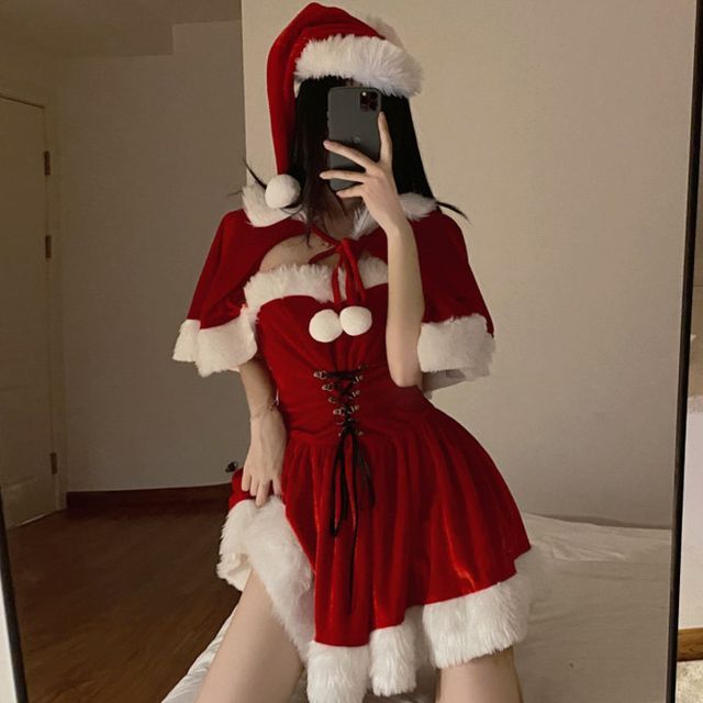Hotty - Fluffy Trim Christmas Party Dress / Santa Hat / Capelet / Set ...
