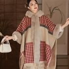 Pansy Dash - Plaid Fluffy Trim Midi Capelet / Long-Sleeve Floral Lace ...