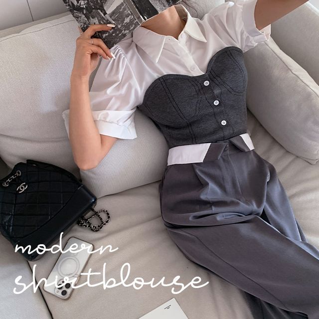 DEEPNY - Bustier Overlay Puff-Sleeve Shirt | YesStyle