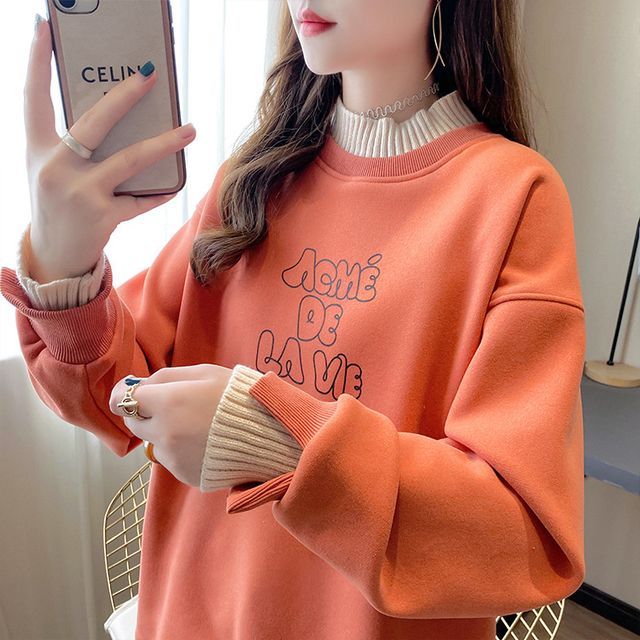 Sienne - Mock Neck Lettering Print Mock Two Piece Fleece-Lined ...