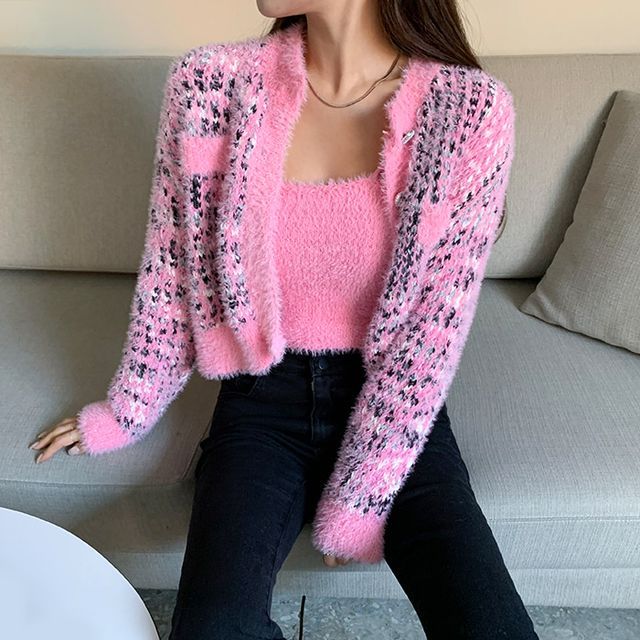 DEEPNY - Fuzzy Knit Crop Cardigan & Cami Set | YesStyle
