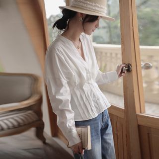 EFO - Puff-Sleeve V-Neck Plain Button-Up Blouse | YesStyle