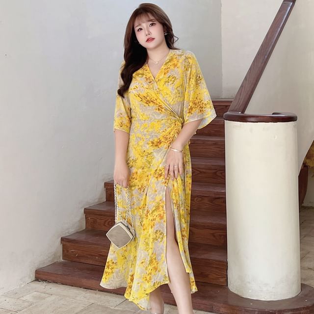 uliaque - Plus Size Short-Sleeve V-Neck Floral Print Wrap Slit Midi ...