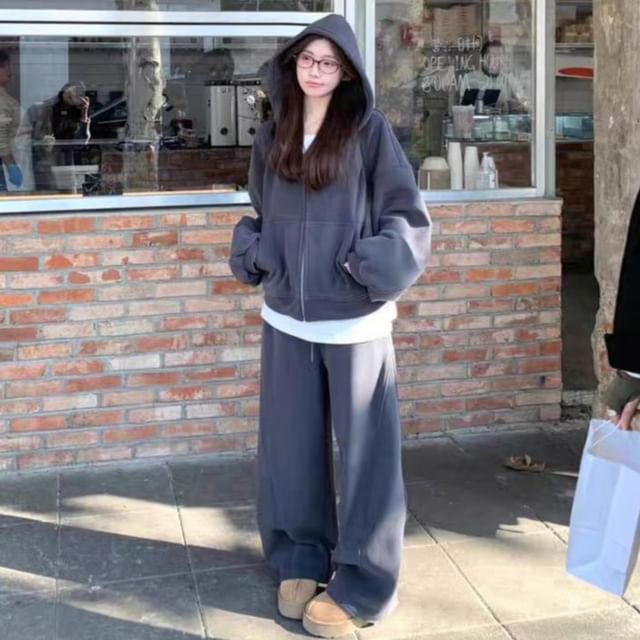 monroll - Drop Shoulder Plain Oversized Zip Hoodie / Drawstring Waist ...