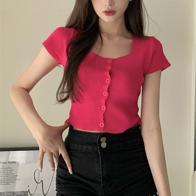 Windflower Square Neck Knit Cropped Top Yesstyle