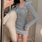 YUNBO - Long-Sleeve Queen Anne-Neckline Plain Mini Knit Dress | YesStyle