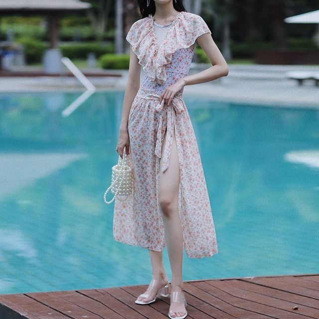 Sancus - Set: Floral Print Ruffled Swimsuit + Cover-Up Skirt | YesStyle