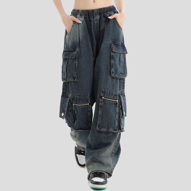 INStudio - Couple Matching Elastic Waist Washed Wide Leg Cargo Jeans ...