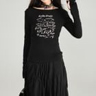 Keiko Girl - Long-Sleeve Boat Neck Lettering Print Ribbed Slim Fit Tee ...