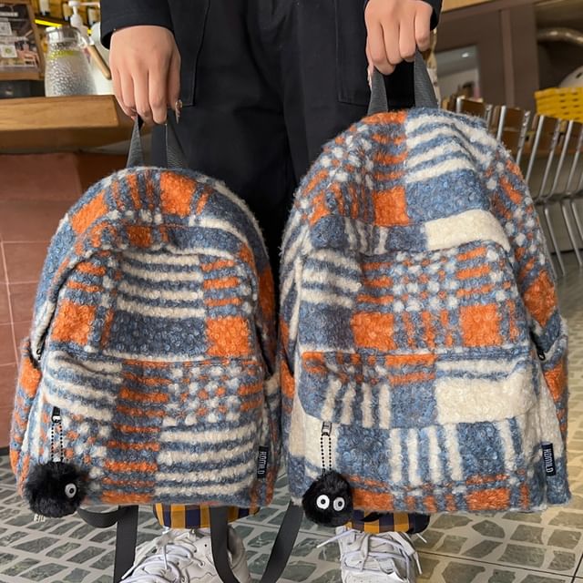 Basaran - Plaid Faux Shearling Multi-Pocket Backpack | YesStyle
