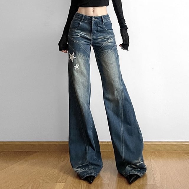 Sosana - Low Waist Star Applique Washed Straight-Fit Wide-Leg Jeans ...