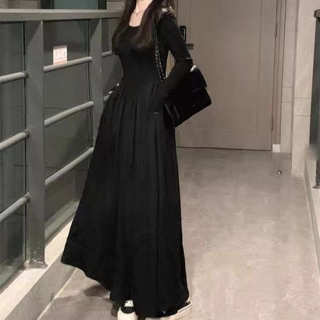 ANORA - Long-Sleeve Scoop Neck Plain Maxi A-Line Dress | YesStyle