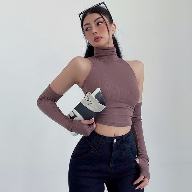 LIVIE - Set: Sleeveless Mock Neck Plain Top + Arm Sleeves | YesStyle