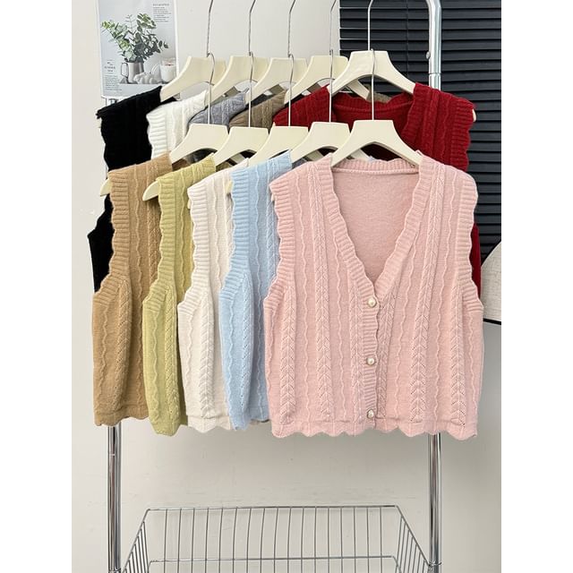 Lemongrass - Cable-Knit V-Neck Button-Up Vest in 12 Colors | YesStyle