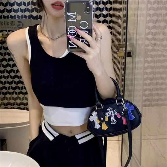 Honey River - Mock Two-Piece Scoop Neck Two Tone Slim Fit Crop Tank Top ...