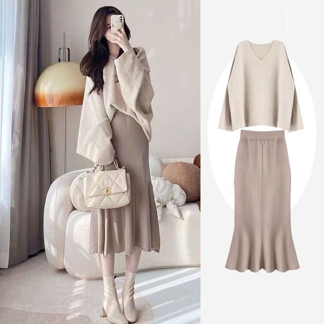Minaga Set V Neck Loose Fit Sweater Plain Midi Mermaid Skirt