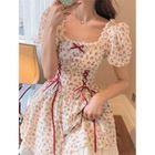 Shalala - Puff-Sleeve Floral Lace Trim Lace-Up Mini A-Line Dress | YesStyle