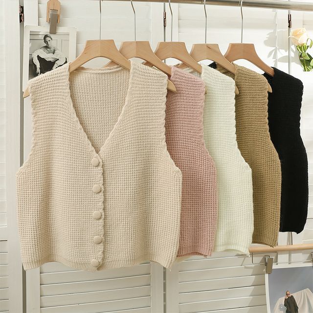 Lemongrass - Waffle-Knit Button-Up Crop Vest in 5 Colors | YesStyle