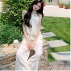 NENE - Set: Halter-Neck Plain Shirred Top + High Waist Wide Leg Pants ...