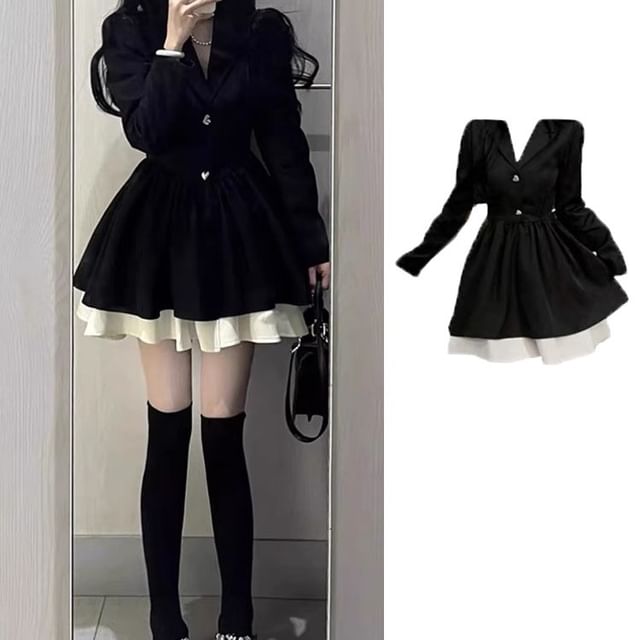 minaga - Long-Sleeve Notch Lapel Two Tone Ruffle Button Mini A-Line ...