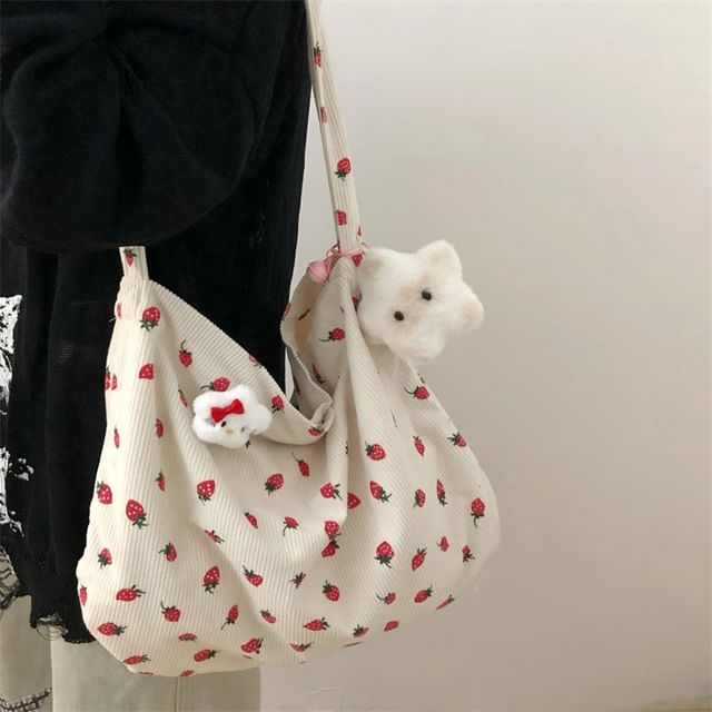 Anchara - Strawberry Print Corduroy Tote Bag (Various Designs) | YesStyle