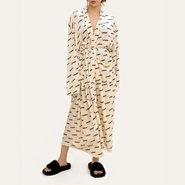 LIPHOP - Logo-Patterned Velvet Robe with Sash | YesStyle