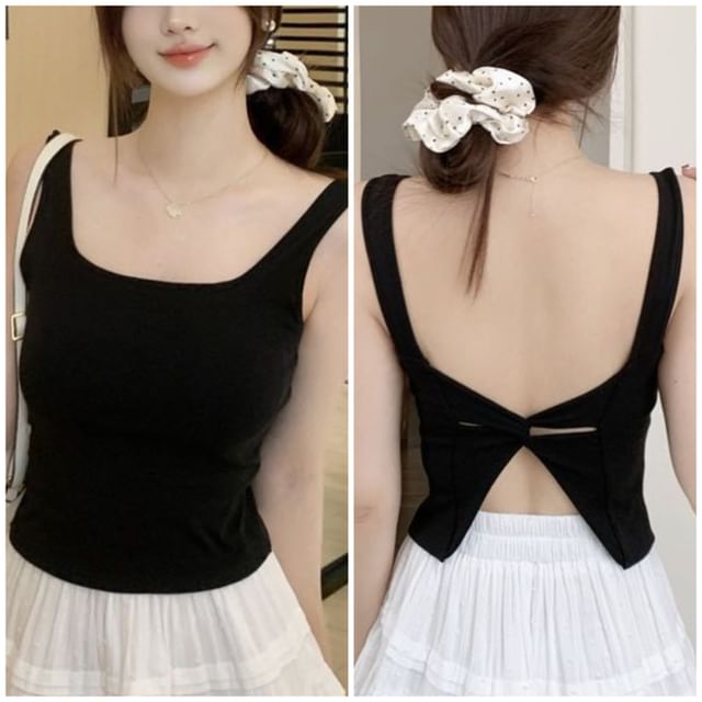 Maisee - Scoop Neck Plain Padded Open Back Crop Tank Top | YesStyle