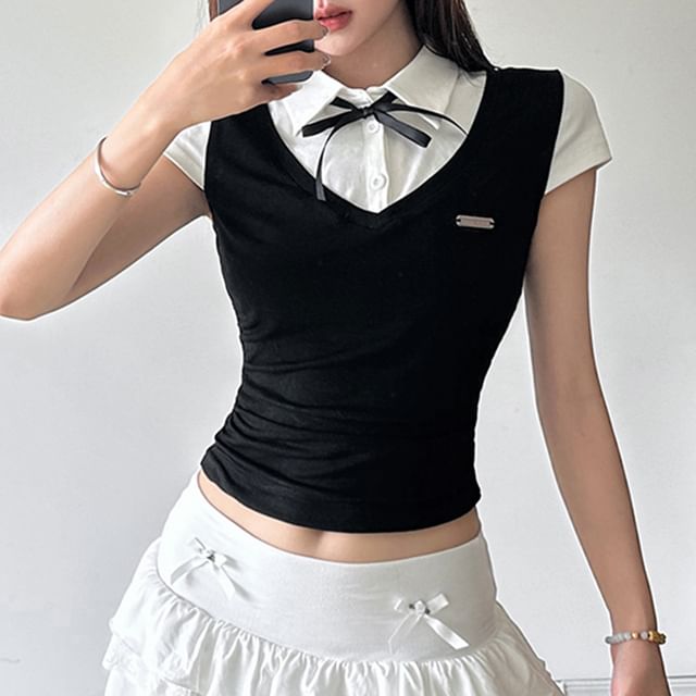 Sosana - Short Sleeve Mock Two Piece Color-Block Slim-Fit Crop Top ...