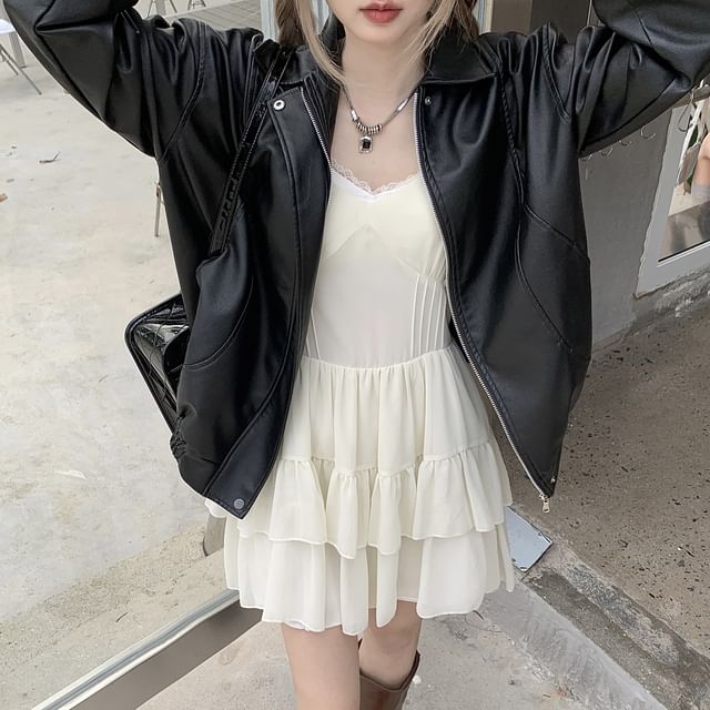 Shinsei - Spaghetti Strap V-Neck Plain Lace Trim Tiered Mini A-Line ...