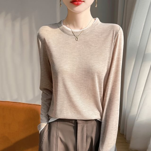 Weelop - Mock Two-Piece Long Sleeve Crew Neck Two-Tone T-Shirt | YesStyle