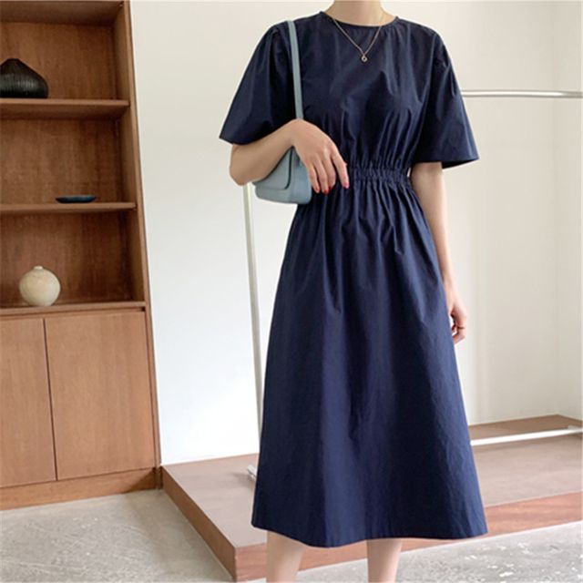 Felixia - Short-Sleeve Round Neck Plain Midi Dress | YesStyle