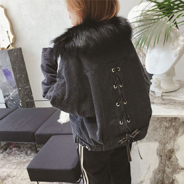 Scentwood - Fluffy Collar Fleece Lined Denim Jacket | YesStyle