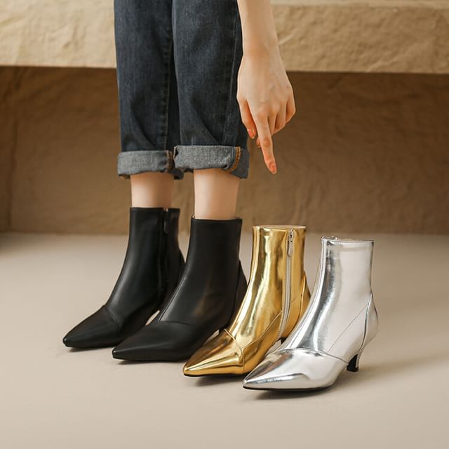 Queen Zoo - Kitten Heel Pointed Toe Plain Faux Leather Short Boots ...