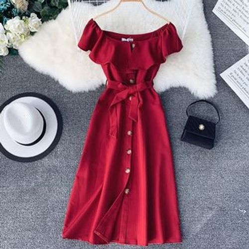 Lucuna Off Shoulder Short Sleeve Midi A Line Dress Yesstyle