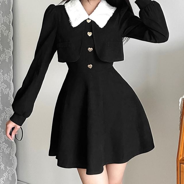 Sosana - Long Sleeve Mock Two Piece Furry Collar Heart Button Slim-Fit ...